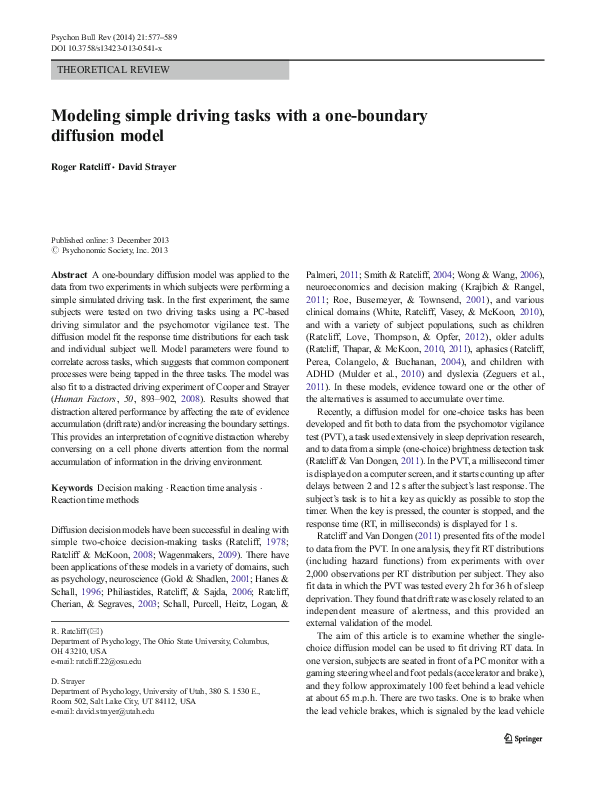 (PDF) Modeling simple driving tasks with a one-boundary diffusion model