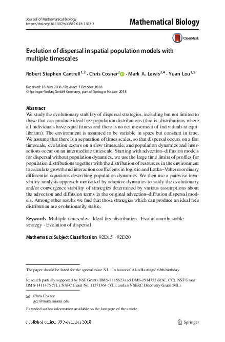 (PDF) Evolution of dispersal in spatial population models with multiple ...