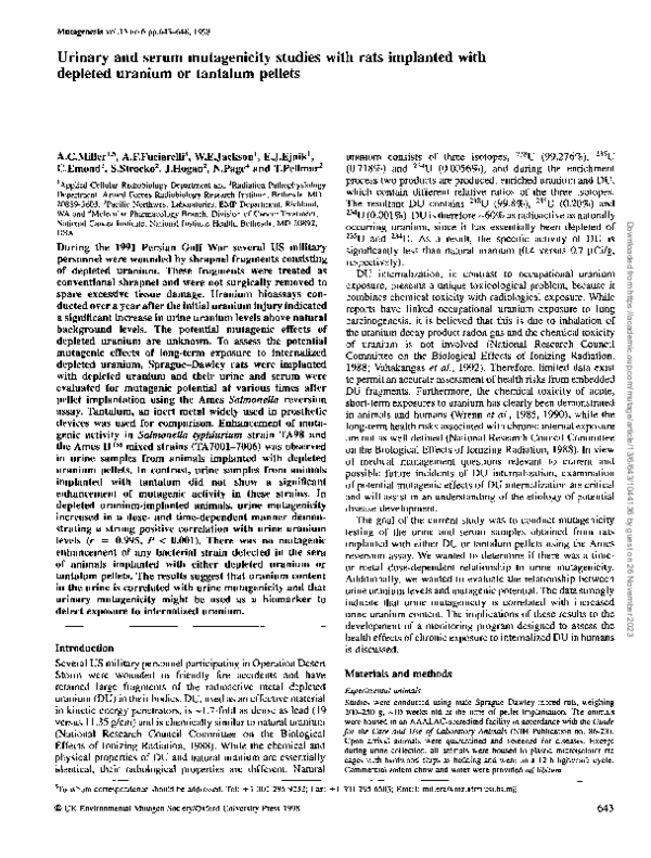 (PDF) Urinary and serum mutagenicity studies with rats implanted with ...