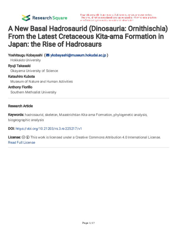 (PDF) A New Basal Hadrosaurid (Dinosauria: Ornithischia) From the ...