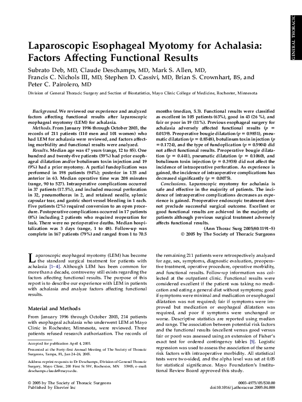(PDF) Factors Influencing Outcomes of Laparoscopic Myotomy for Achalasia