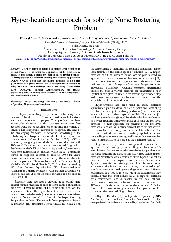 (PDF) Hyper-heuristic approach for solving nurse rostering problem (PDF) Hyper-heuristic approach for solving nurse rostering problem