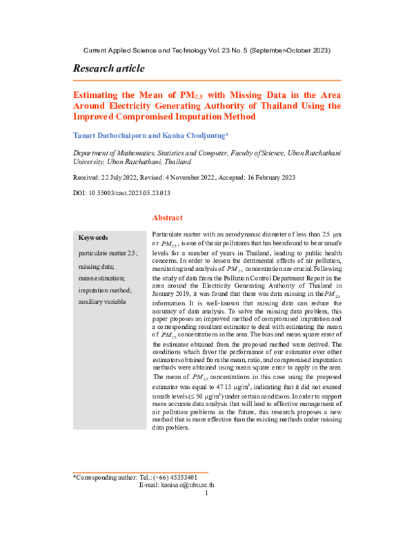 (PDF) Estimating the Mean of PM2.5 with Missing Data in the Area Around Electricity Generating ...