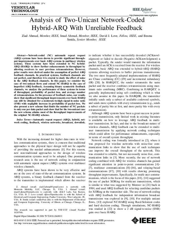 (PDF) Analysis of Two-Unicast Network-Coded Hybrid-ARQ With Unreliable Feedback