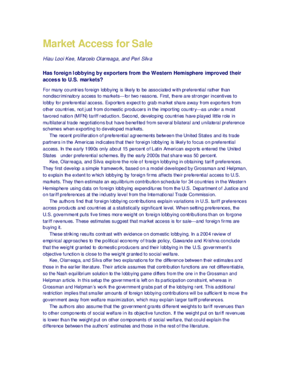 (PDF) Foreign Lobbying and Preferential Market Access in the U.S.