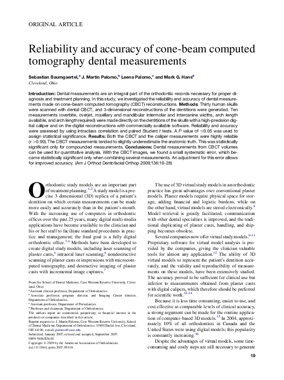Pdf Reliability And Accuracy Of Cone Beam Computed Tomography Dental Measurements Juan M