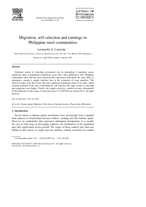 (PDF) Migration, self-selection and earnings in Philippine rural communities