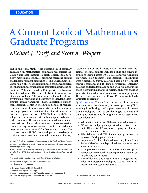 (PDF) A Current Look at Mathematics Graduate Programs
