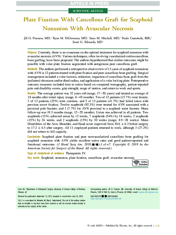 (PDF) Plate Fixation With Cancellous Graft for Scaphoid Nonunion With ...