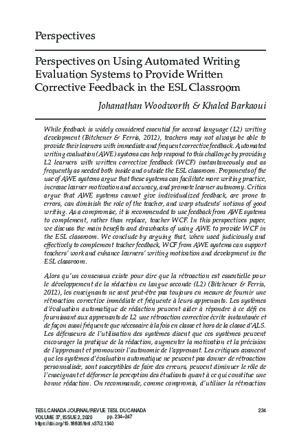 (PDF) Perspectives on Using Automated Writing Evaluation Systems to Provide Written Corrective ...