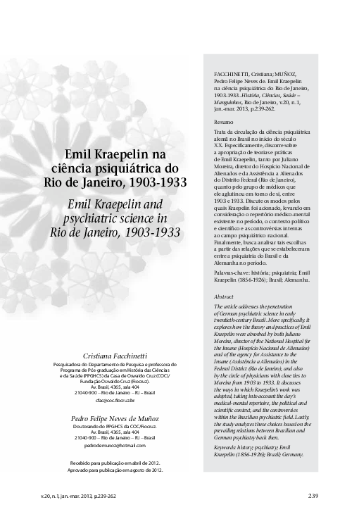 (PDF) Emil Kraepelin na ciência psiquiátrica do Rio de Janeiro, 1903-1933