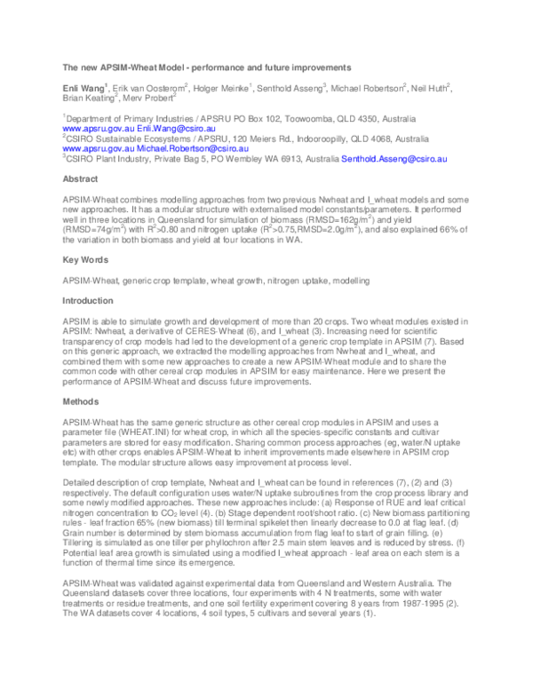 (PDF) The new APSIM-Wheat Model: Performance and future improvements