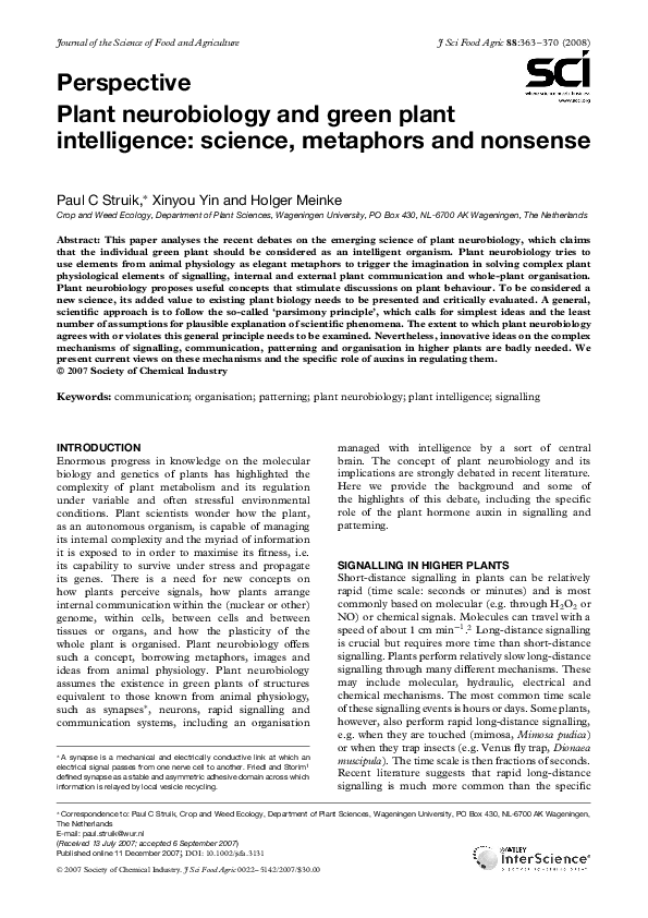 (PDF) Plant neurobiology and green plant intelligence: science ...
