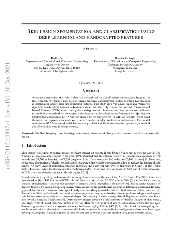 (PDF) Skin lesion segmentation and classification using deep learning and handcrafted features
