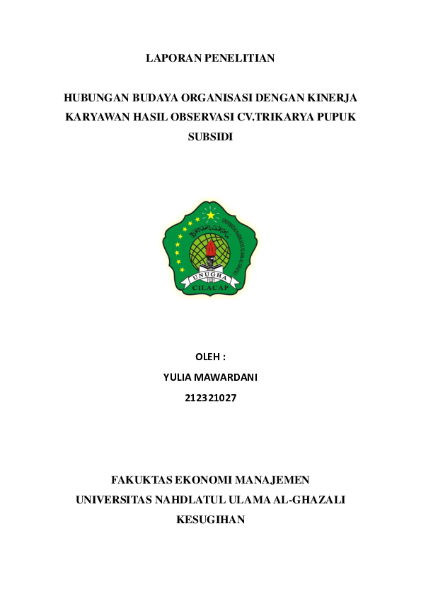 (PDF) LAPORAN PENELITIAN HUBUNGAN BUDAYA ORGANISASI DENGAN KINERJA KARYAWAN HASIL OBSERVASI CV ...