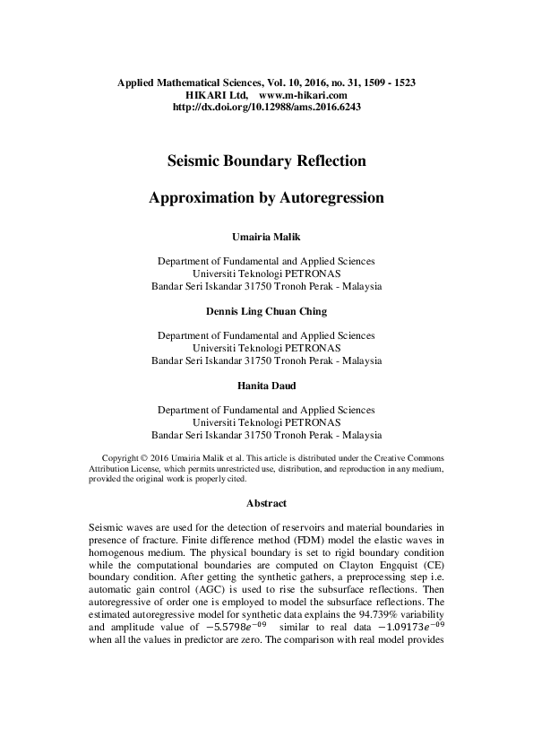 (PDF) Seismic boundary reflection approximation by autoregression