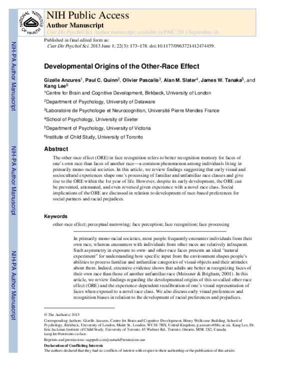 (PDF) Developmental Origins of the Other-Race Effect