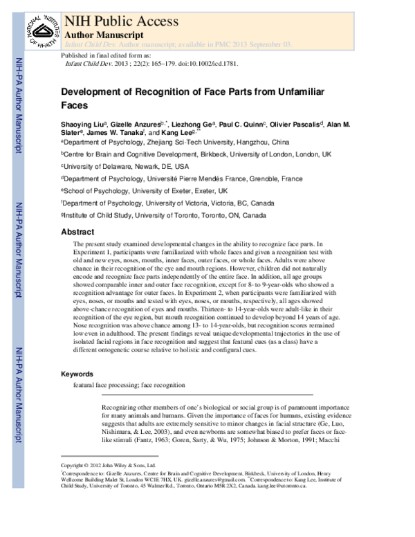 (PDF) Development of Recognition of Face Parts from Unfamiliar Faces