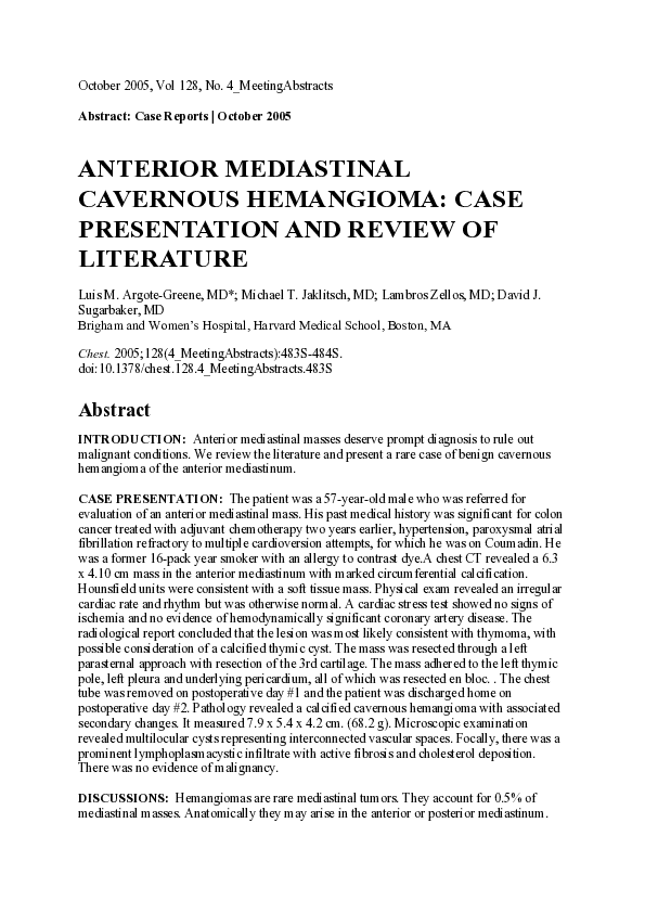 (PDF) Anterior Mediastinal Cavernous Hemangioma: Case Presentation and Review of Literature ...