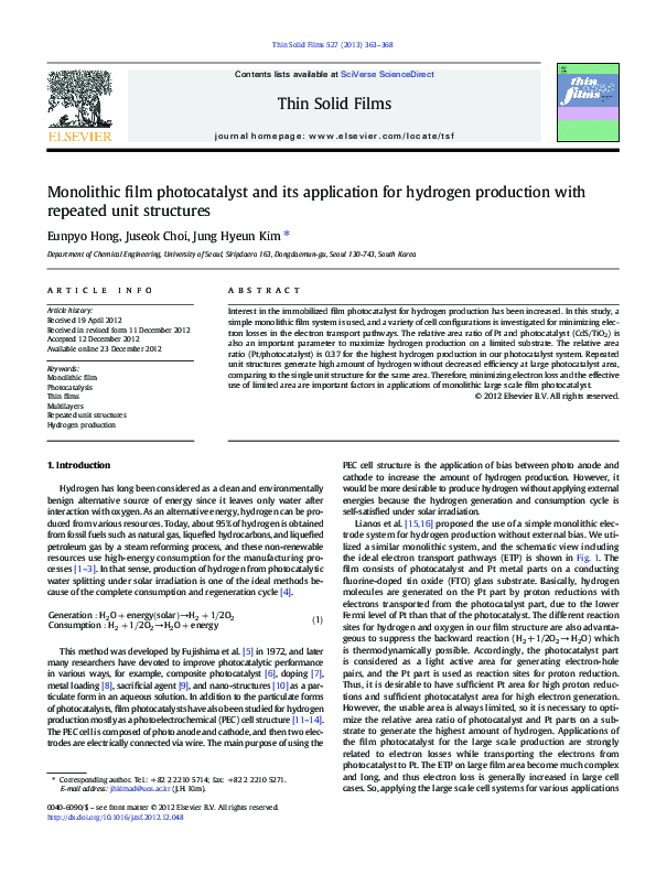(PDF) Monolithic film photocatalyst and its application for hydrogen ...