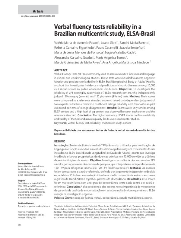 (PDF) Verbal fluency tests reliability in a Brazilian multicentric ...