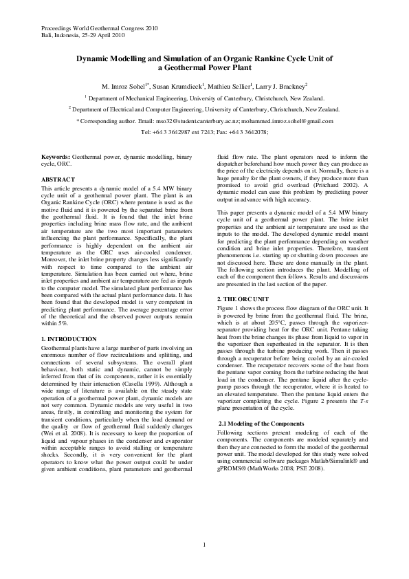 (PDF) Dynamic Modelling and Simulation of an Organic Rankine Cycle Unit of a Geothermal Power Plant