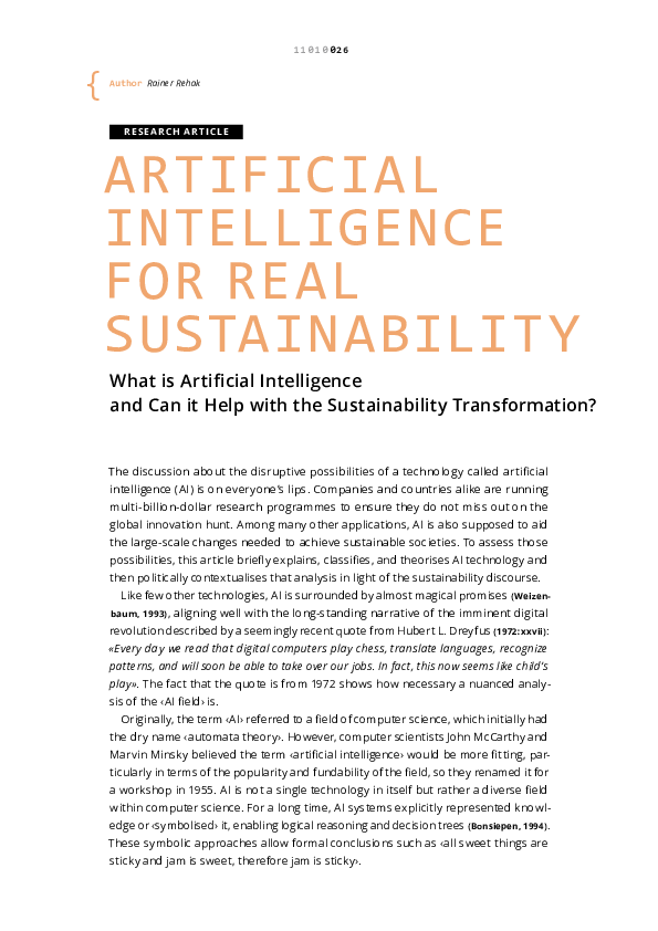 (PDF) Artificial Intelligence for Real Sustainability? -- What is ...