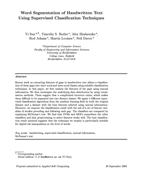 (PDF) Word segmentation of handwritten text using supervised classification techniques | Alex ...