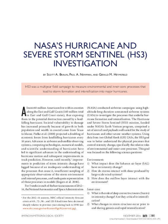 (PDF) NASA’s Hurricane and Severe Storm Sentinel (HS3) Investigation