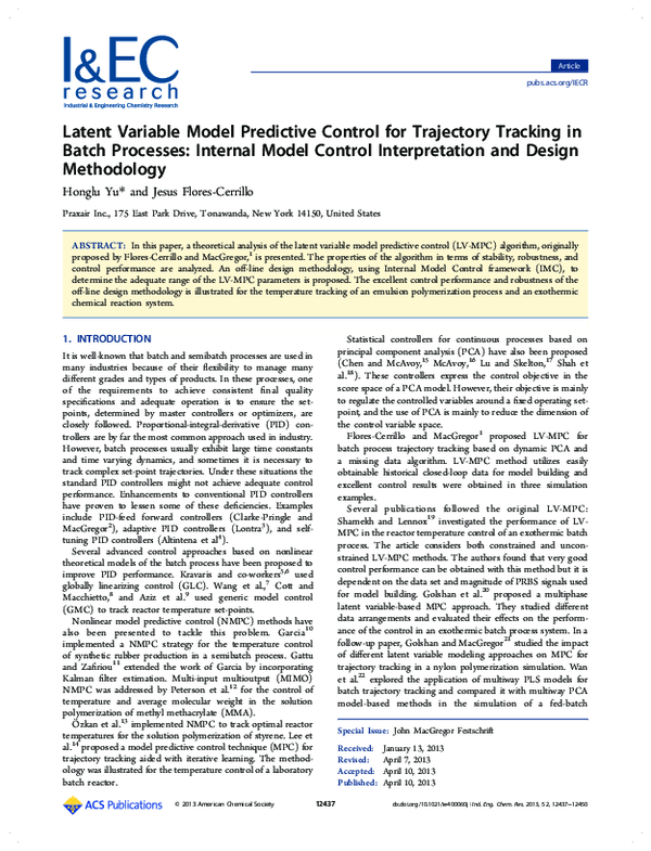 (PDF) Latent Variable Model Predictive Control for Trajectory Tracking in Batch Processes ...