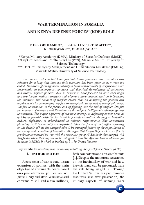 (PDF) War Termination in Somalia and Kenya Defense Forces’ (KDF) Role