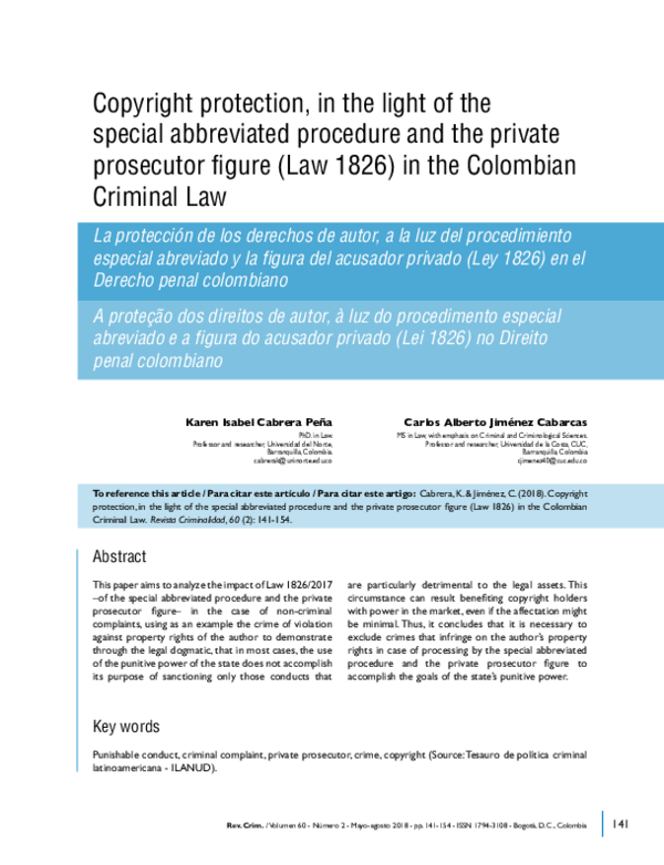 (PDF) La protección de los derechos de autor, a la luz del procedimiento especial abreviado y la ...