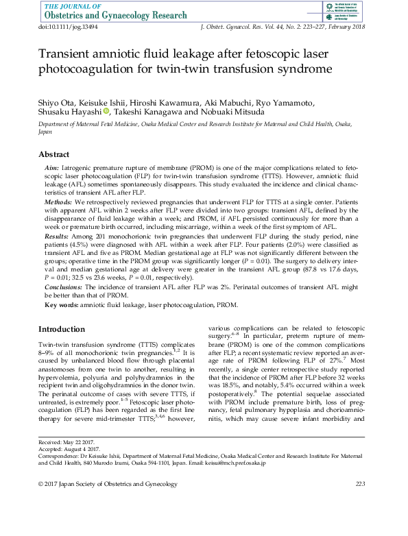 (PDF) Transient amniotic fluid leakage after fetoscopic laser ...