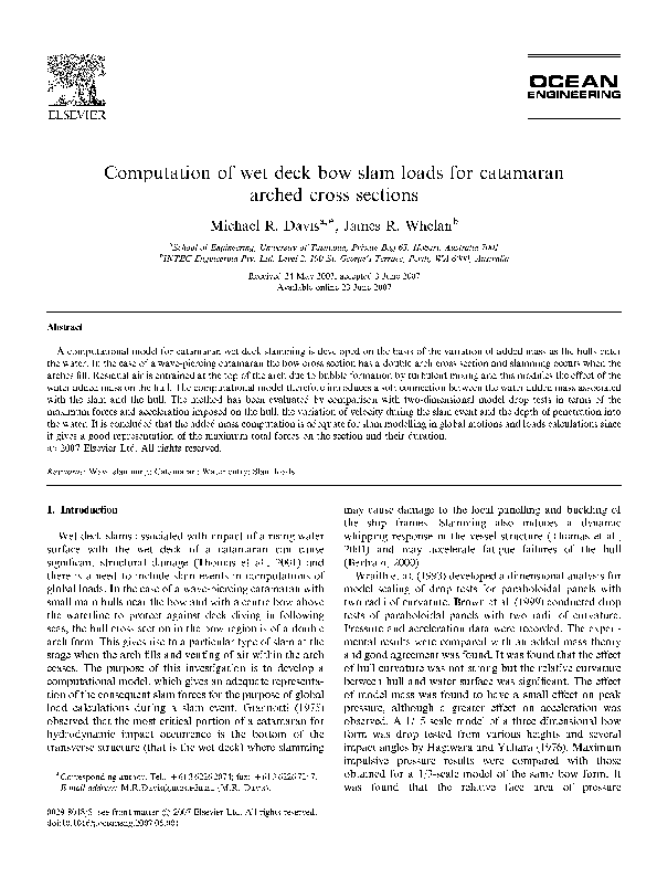 (PDF) Computation of wet deck bow slam loads for catamaran arched cross ...