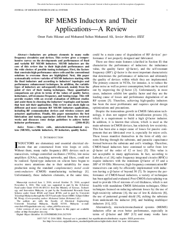 (PDF) RF MEMS Inductors and Their Applications—A Review