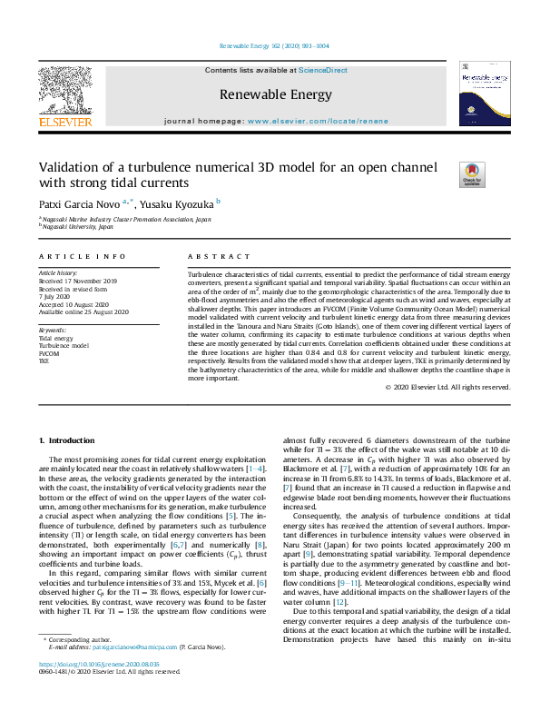 (PDF) Validation of a turbulence numerical 3D model for an open channel with strong tidal currents