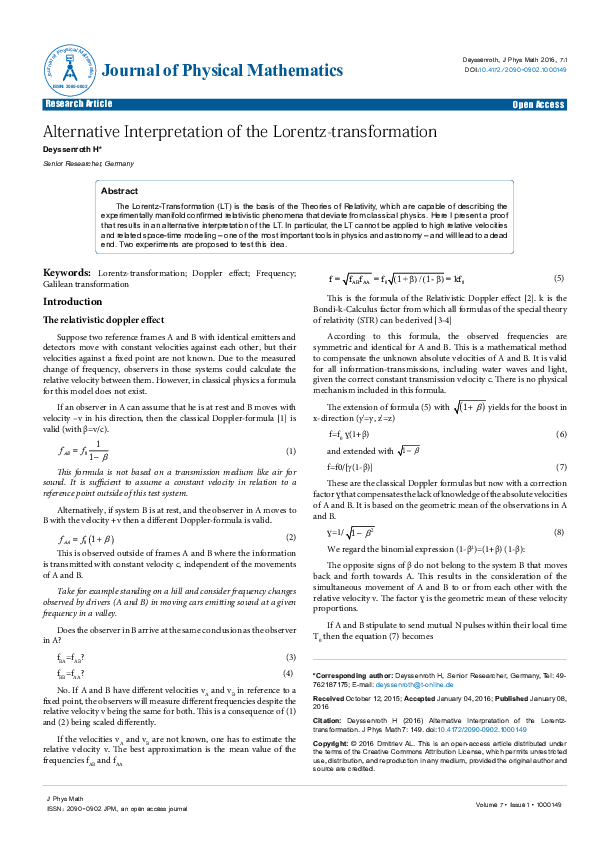 (PDF) Alternative Interpretation of the Lorentz-transformation