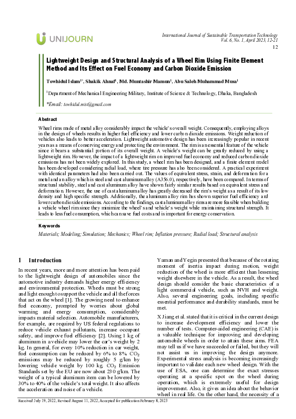 Pdf Lightweight Design And Structural Analysis Of A Wheel Rim Using Finite Element Method And
