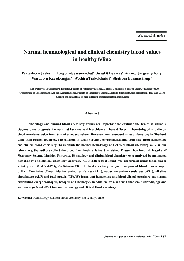 (PDF) Normal hematological and clinical chemistry blood values in ...