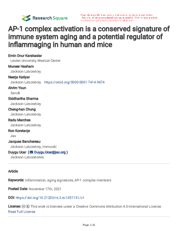(PDF) AP-1 complex activation is a conserved signature of immune system aging and a potential ...