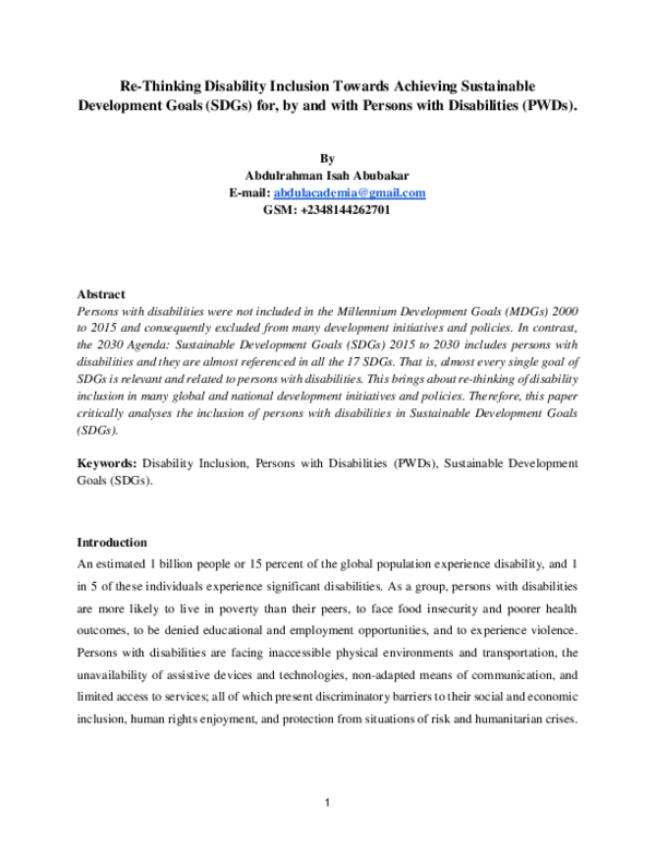 (PDF) Re-Thinking Disability Inclusion Towards Achieving Sustainable ...
