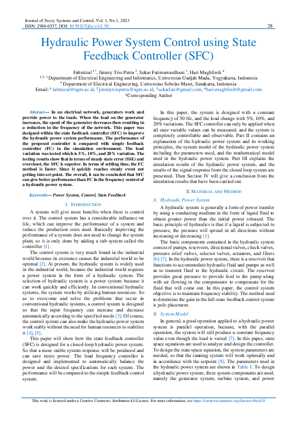 (PDF) Hydraulic Power System Control using State Feedback Controller (SFC)