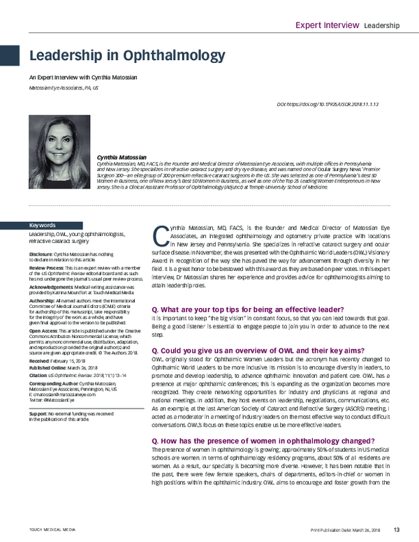 (PDF) Leadership in Ophthalmology | Cynthia Matossian - Academia.edu