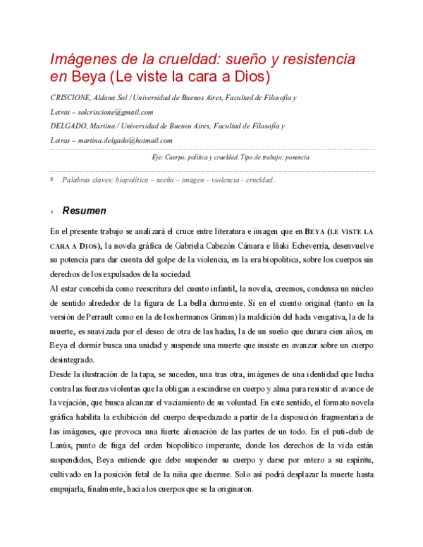 (PDF) Imágenes de la crueldad: sueño y resistencia en Beya (Le viste la ...