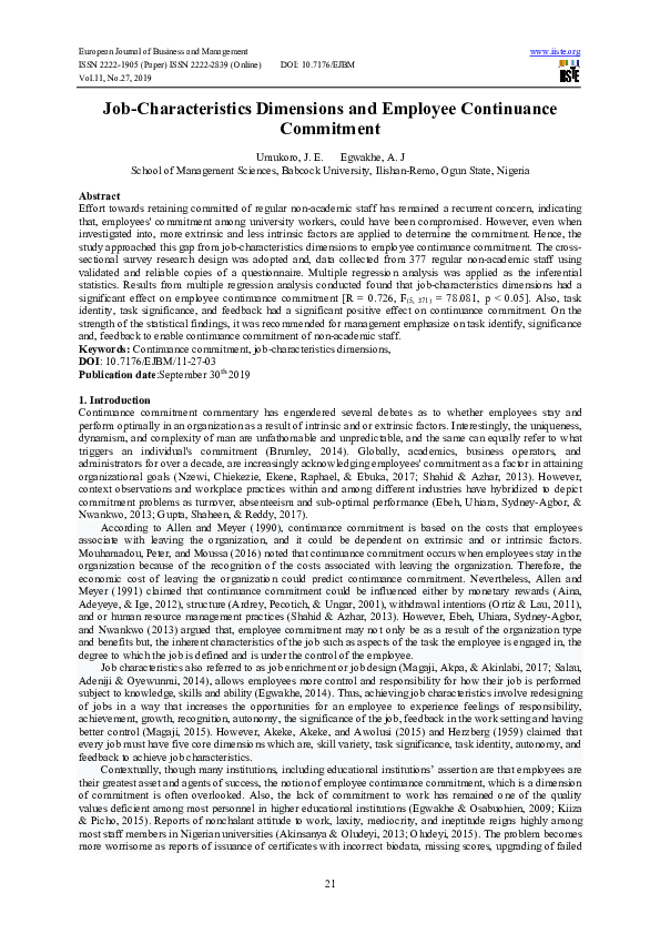 (PDF) Job-Characteristics Dimensions and Employee Continuance Commitment