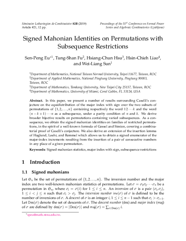(PDF) Signed mahonian identities on permutations with subsequence ...