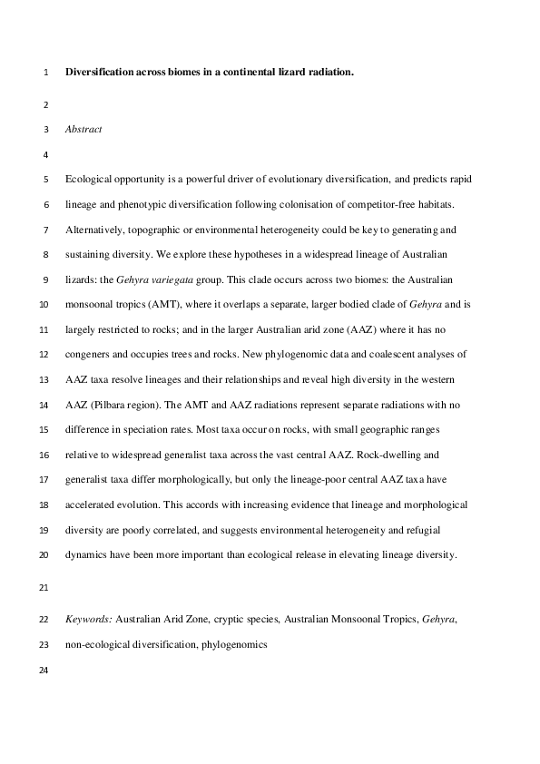(PDF) Diversification across biomes in a continental lizard radiation