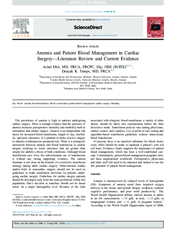 (PDF) Anemia and Patient Blood Management in Cardiac Surgery—Literature ...