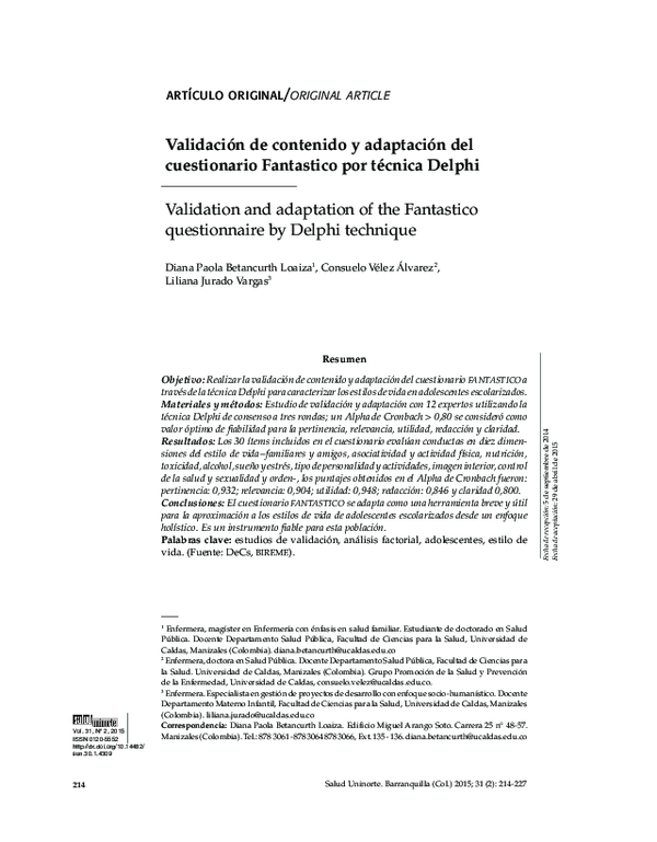 (PDF) Validation and adaptation of the Fantastico questionnaire by ...