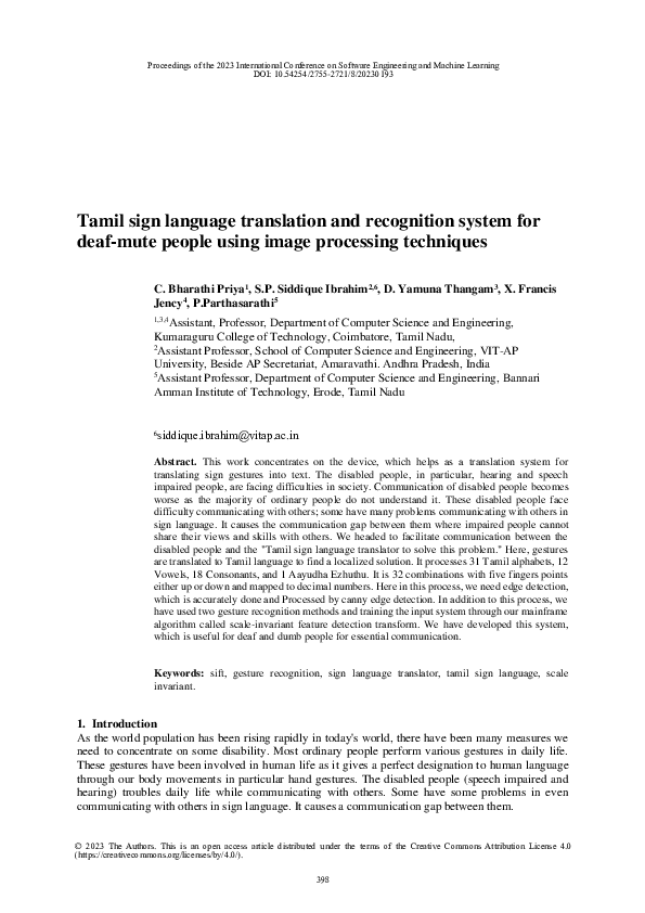 (PDF) Tamil Sign Language Translation and Recognition System for Deaf-mute People Using Image ...